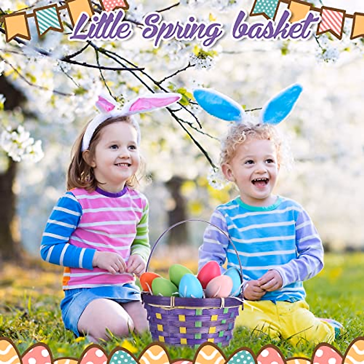 6 Pcs Easter Bamboo Basket with 24 Pcs Plastic Eggs and 480g Raffia Paper Grass, Handmade Woven Easter Basket with Handle for Egg Hunting, Picnic and Party Favors