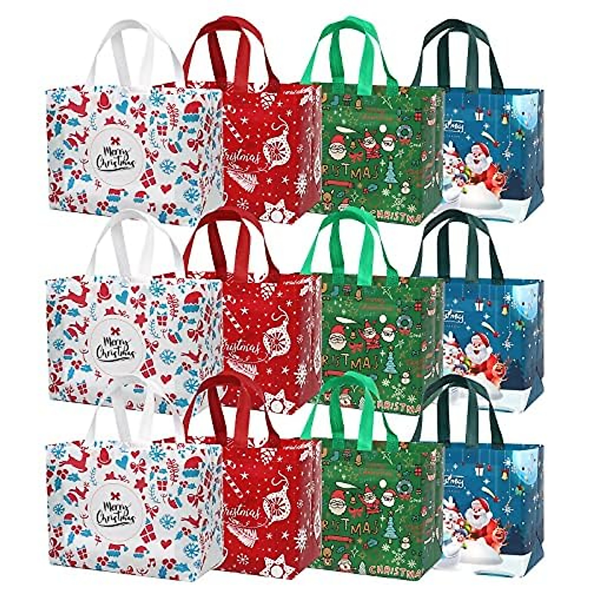 Large Christmas Gift Bags with Tissue Paper,12 Pack Reusable Xmas Gift Bags With Handle Christmas Bag Bulk Non-Woven Holiday Gift Bags Christmas Treat Baskets Party Supplies 12.2" x 9.8" x 4.5"