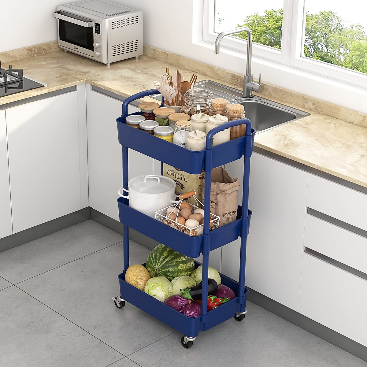 Sywhitta 3-Tier Plastic Rolling Utility Cart with Handle, Multi-Functional Storage Trolley for Office, Living Room, Kitchen, Movable Storage Organizer with Wheels, Blue
