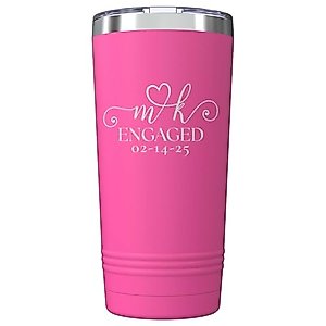 Custom His and Her Initials Heart Engagement Date Keepsake Engraved Insulated Stainless Steel Tumbler with Lid 20 oz. Personalized Engaged Gift for Bride Groom (Pink)