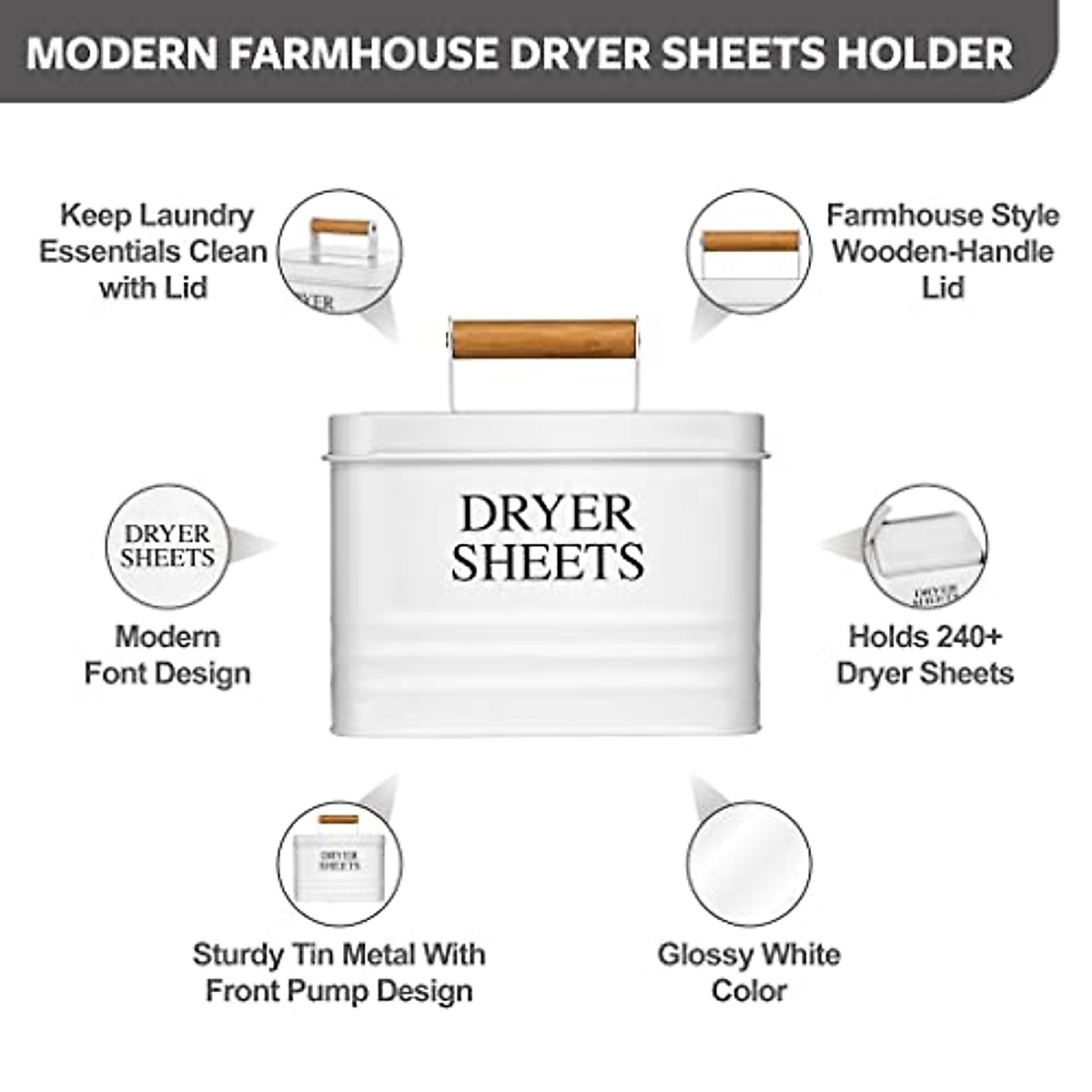 Calindiana Modern Farmhouse Metal Laundry Dryer Sheets Holder Fabric Softener Dispenser with Lid for Laundry Room Decor and Accessories and Space Saving Laundry Room Organization and Storage, White