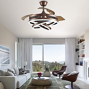 Cusp Barn 42" Retractable Fandelier Ceiling Fan with Lights Remote - Silent Dimmable Modern 6 Speed LED Chandelier Fan for Bedroom Living Room Kitchen