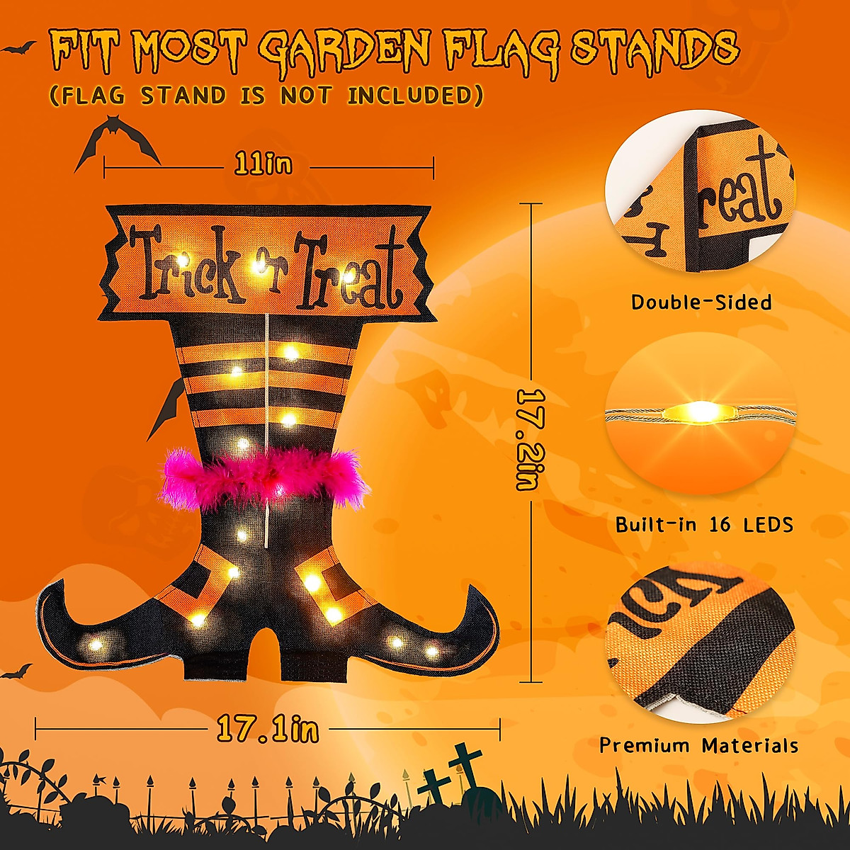 Qunlight Halloween Trick Or Treat Graden Flag lights without flag pole, Double Sided Witch Feet Flag Banner 17.1*17.2Inch ,16 Warm White LED with 8modes Solar Panel, Decorations for Outdoor,Yard ,Home
