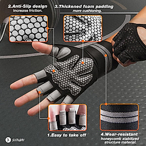 SIMARI Breathable Workout Gloves for Men Women, Padded Weight Lifting Gloves with Wrist Wraps Support, Full Palm Protection, Grip for Gym Training, Fitness, Weightlifting, Exercise Fingerless Black