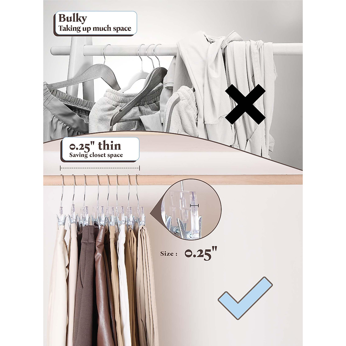 HOUSE DAY Clear Skirt Hangers with Clips, Non-Slip Plastic Pant Hangers with Adjustable Clips, Slim Clip Hangers for Pants, Skirts, Shorts, 14" Clear Hangers 10 Pack, 360-Rotating Swivel Hook