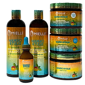 Mielle - Mango Tulsi - Nourishing Botanical Blend – Infused with Mango Butter & Tulsi Leaves – Scalp Care & Stronger Looking - Curly Hair Types – Styling Bundle Set 6 PCS