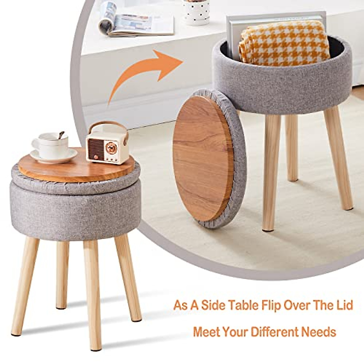 Mxfurhawa Storage Ottoman Linen Round Vanity Stool Tray Top Modern Foot Stool with Wood Legs Multifunctional Upholstered Foot Ottoman Rest for Living Room, Bathroom, Makeup (Grey)