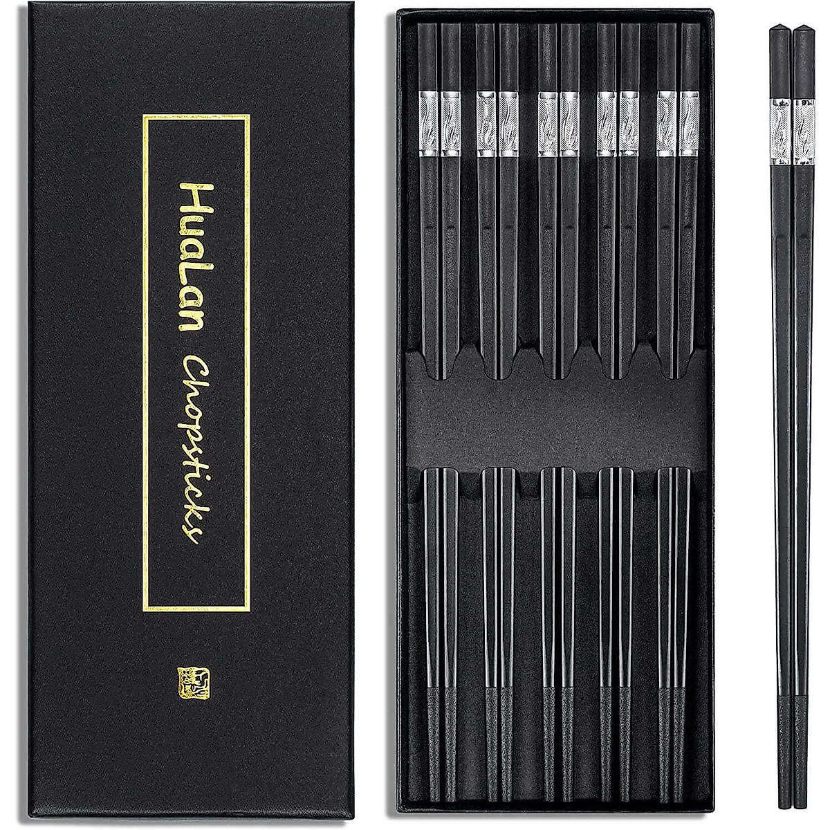 HuaLan Fiberglass Chopsticks Set, Dishwasher Safe Chopsticks, Non-slip Design Chop Sticks, Reusable Japanese Style Chopstick, 9 1/2 Inches 5 Pairs, Silver, Gift Set