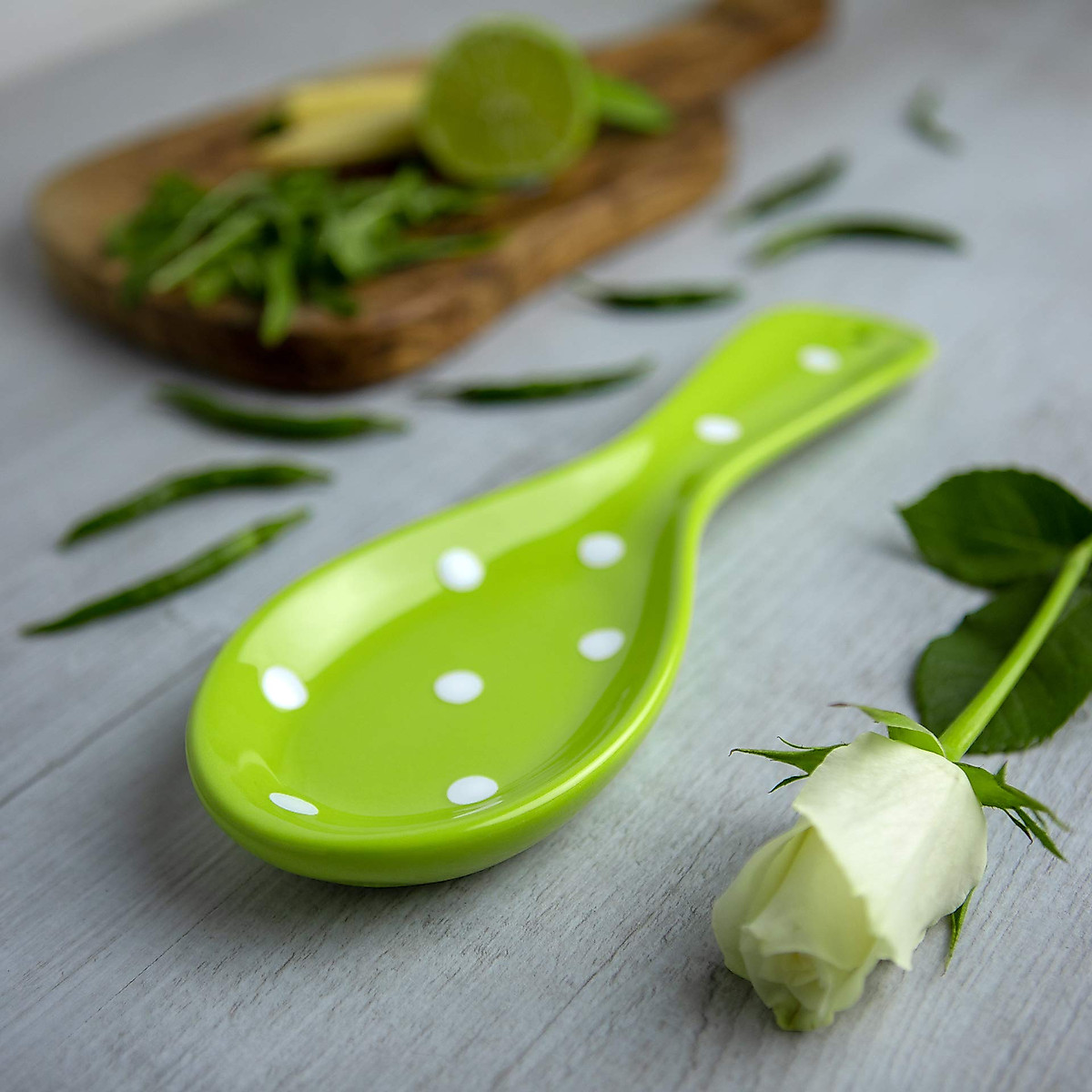 Handmade Lime Green and White Polka Dot Ceramic Kitchen Cooking Spoon Rest | Pottery Utensil Holder | Housewarming Gift by City to Cottage®