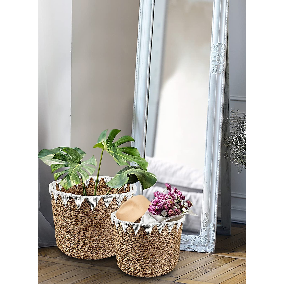 Serene Spaces Living Handmade Cattail Leaf Basket - Natural, Eco-Friendly & Durable - Perfect for Decoration, Storage, Potted Plant Cover/Cachepot or Gifting - KIT of 3 (Each in 3 Different Sizes)
