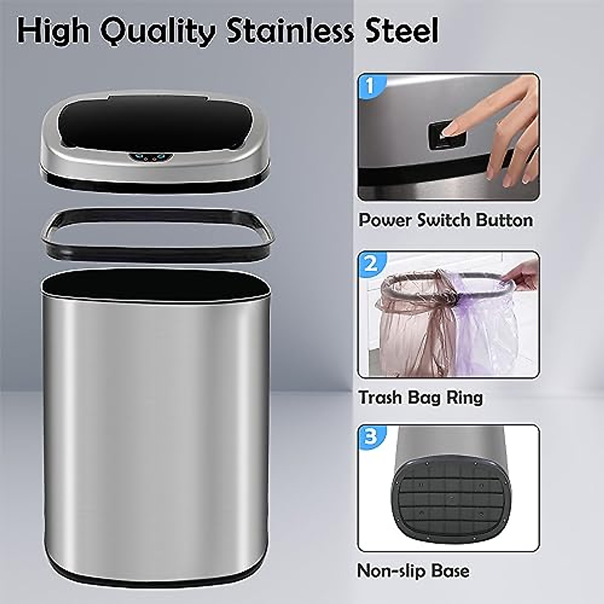 Automatic Trash Can, 13 Gallon Kitchen Trash Can, Touchfree Garbage Cans for Kitchen, Stainless Steel Trash Can with Lid, Large Motion Sensor Trash Cans, Tall Electric Metal Garbage Can for Office