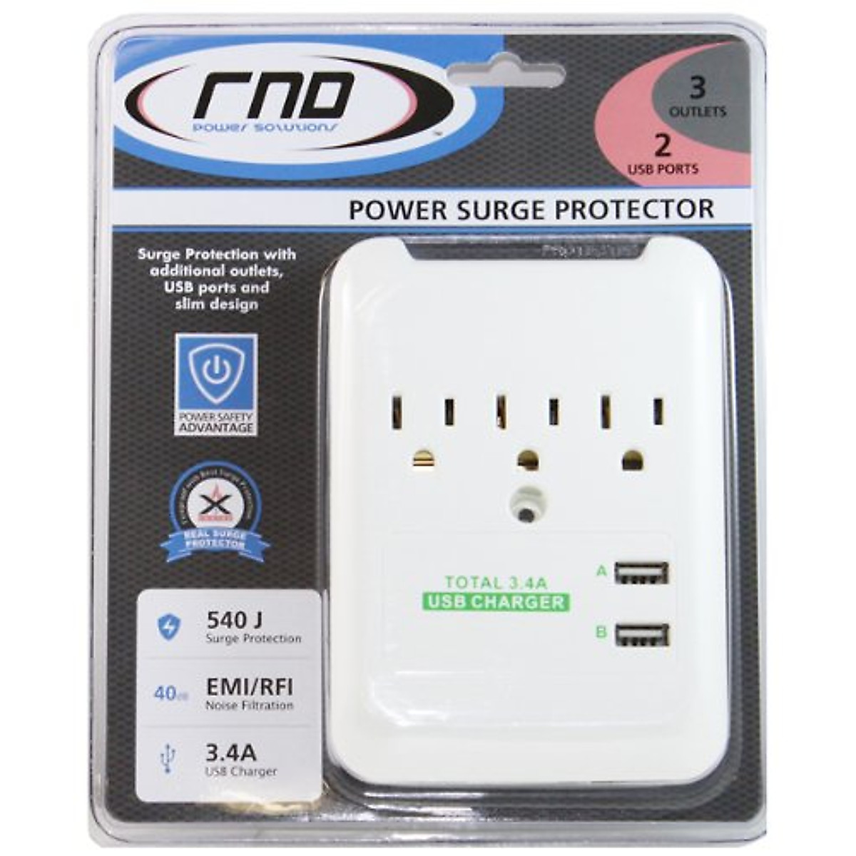 RND Wall Power Station includes 3 AC Plugs and 2 USB ports (3.4A total) with Surge for iPhone, iPad, Samsung Galaxy, LG, HTC, Moto and all USB Compatible Devices
