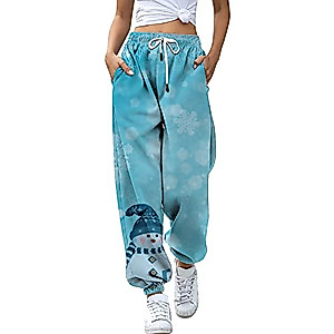 High Waisted Sweatpants for Women,High Waisted Sweatpants for Women Christmas Snowman Print Elastic Waisted Workout Active Joggers Drawstring Wide Leg Trouser Elk Print Sky Blue XL