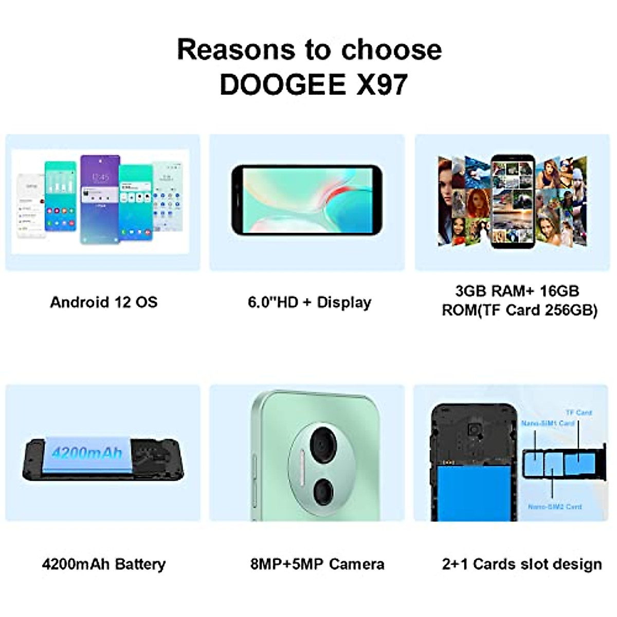 DOOGEE X97 Android 12 Smartphone,6.0" HD Screen,Dual 4G Unlocked Android Phones,AI Double Camera,Triple Card Slots,4200mAh Battery,3GB+16GB Unlocked Phones,Face Unlock Phone-Green