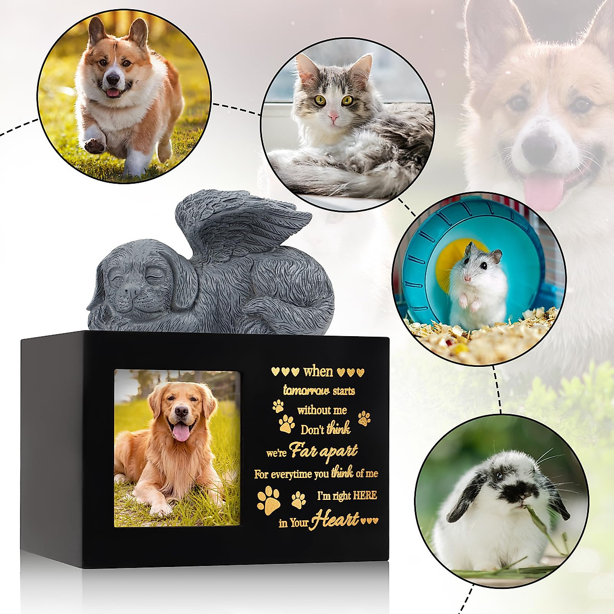 LPREUTWN Pet Urns for Ashes, Large Wooden Pet Urns for Dog or Cat Ashes with Dog Angel, Memorial Keepsake Memory Box with Photo Frame, Loss Pet Sympathy Remembrance Gift (Black)