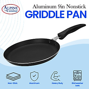 Alpine Cuisine Griddle Pan Aluminum 9-Inch Nonstick Coating, Griddle Pan for Stove Top with Stay Cool Handle, PFOA Free, nonstick cookware - Dishwasher Safe - Gray