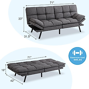 MUUEGM Modern lounge Sofa Bed, Dark Gray Linen Fabric Futon Couch, Convertible Foldable Memory Foam Sofa Bed, Small Sofa Bed with Loveseats for Living Room.(Dark Gray,Fabric)