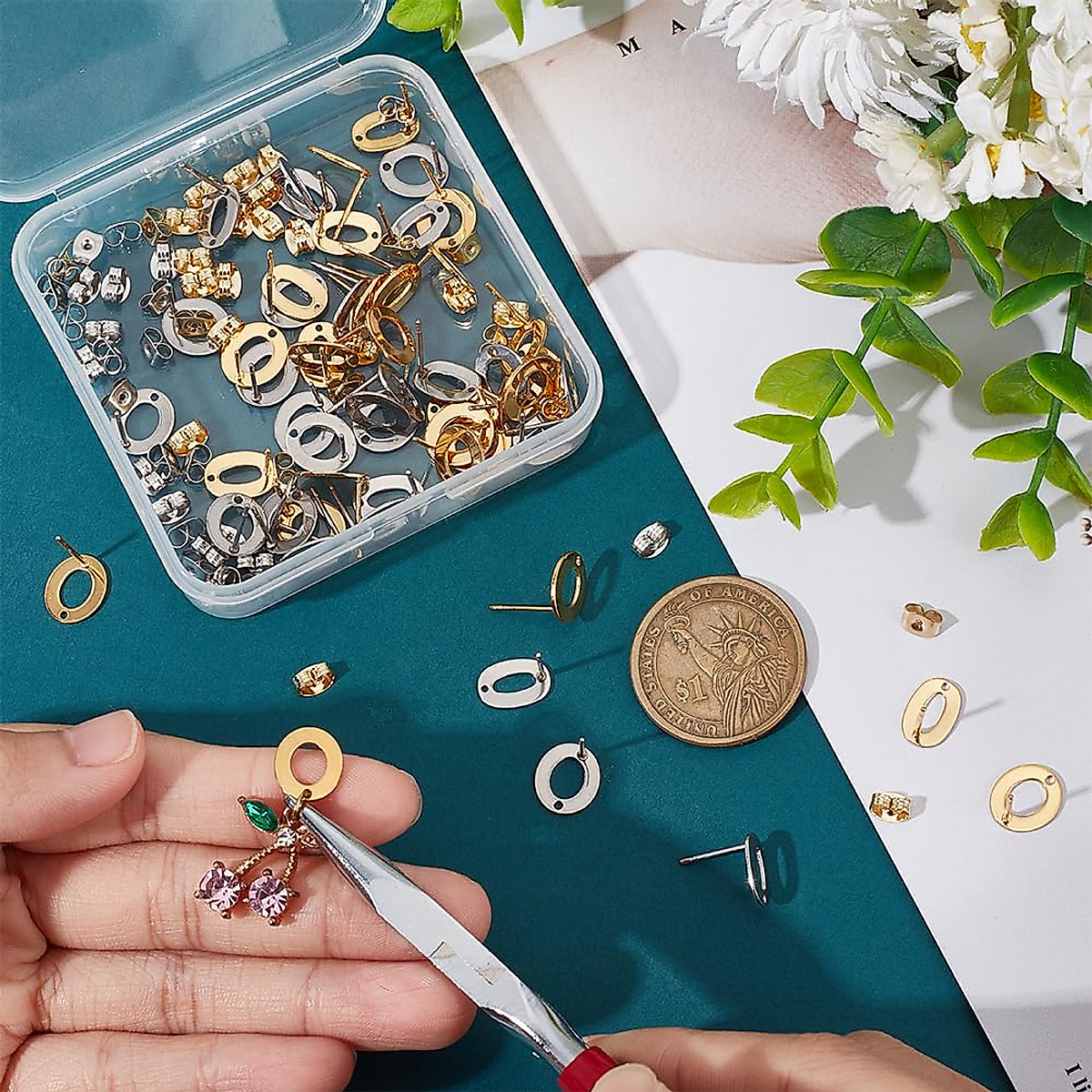 UNICRAFTALE 56 Pcs 2 Colors 2 Styles Stainless Steel Stud Earring Findings Oval Hollow Round Stud Earrings with Hole and Earring Backs Hypoallergenic Post Earring for Jewellery Making