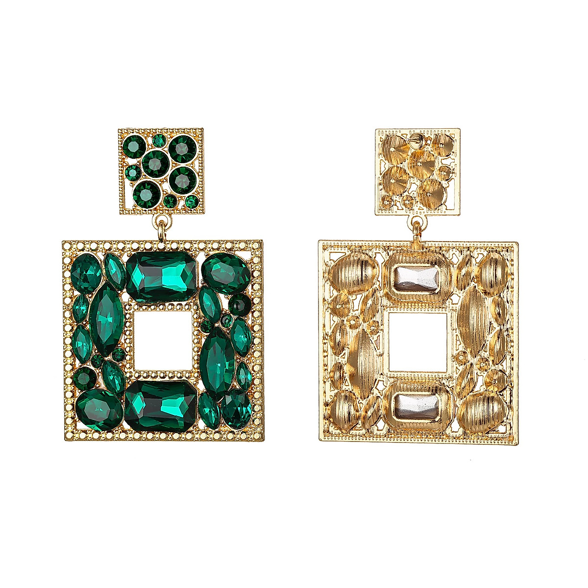 BriLove St Patricks Day Earrings Art Deco Sparkly Rhinestone Geometric Emerald Cut Statement Dangle Earrings for Women Green Gold-Tone