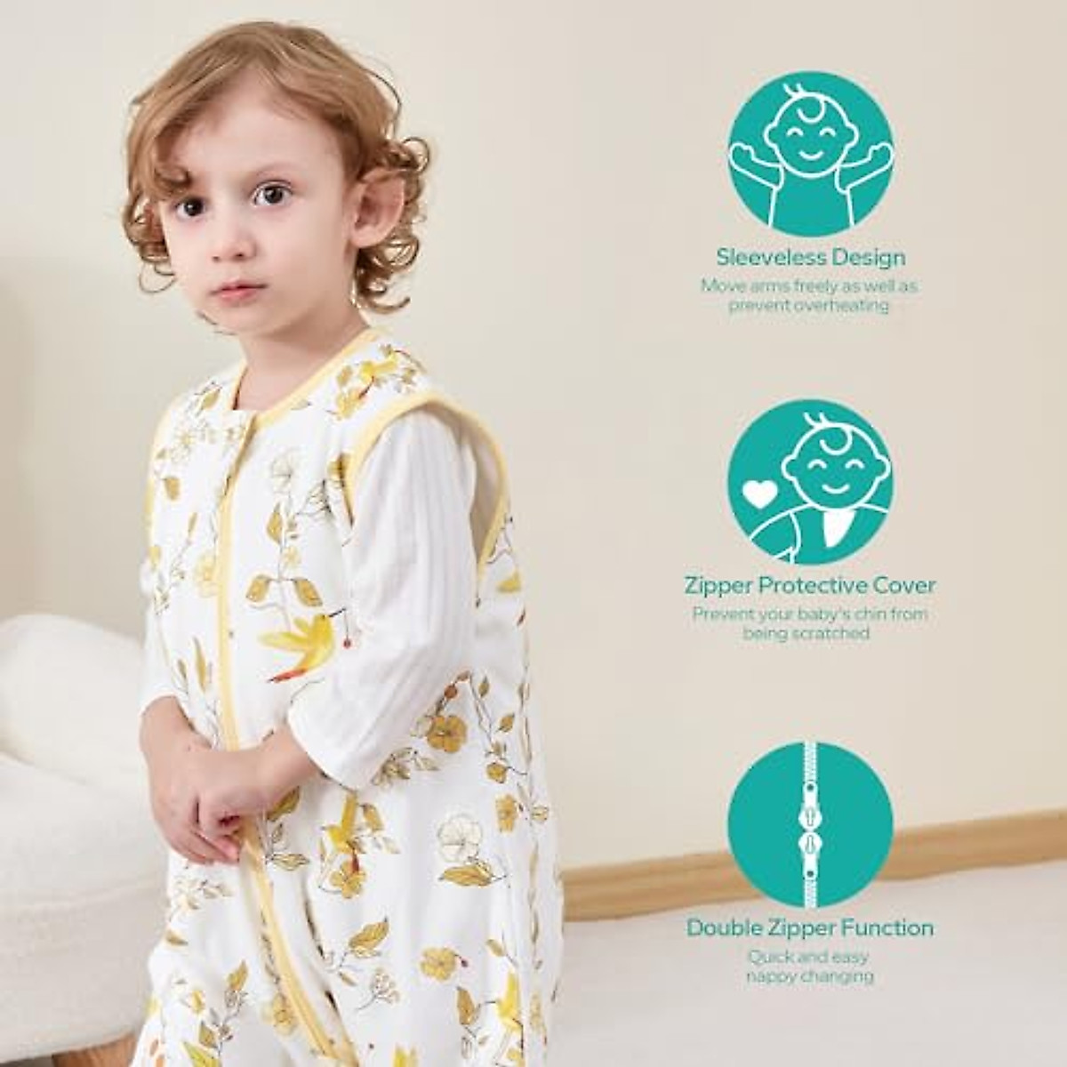 LILBESTIE Toddler Sleep Sack with Feet, 1.5 TOG Sleep Sack with Legs, Baby Wearable Blanket Sleeveless Cotton Baby Sleeping Bag 2T-3T - Bird L