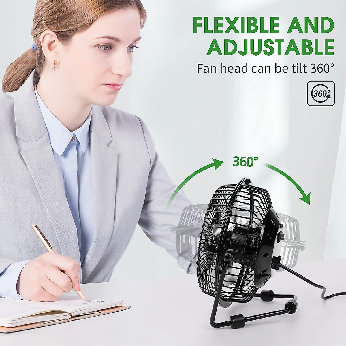 4 Inch Small USB Desk Fan, Mini Quiet Fan with Metal Construction & Strong Airflow & 360°Adjustable Tilt Angle, Personal Cooling Fan for Desktop Office (Black-2Pack)
