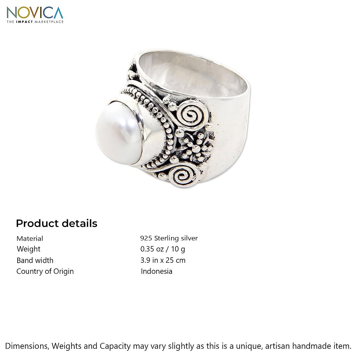 NOVICA Artisan Handmade Cultured Pearl Flower Ring Sterling Silver Cocktail White Indonesia Birthstone [crownbezel 0.5 in L x 0.5 in W x 0.3 in H Band Width 10 mm W] ' White Frangipani'