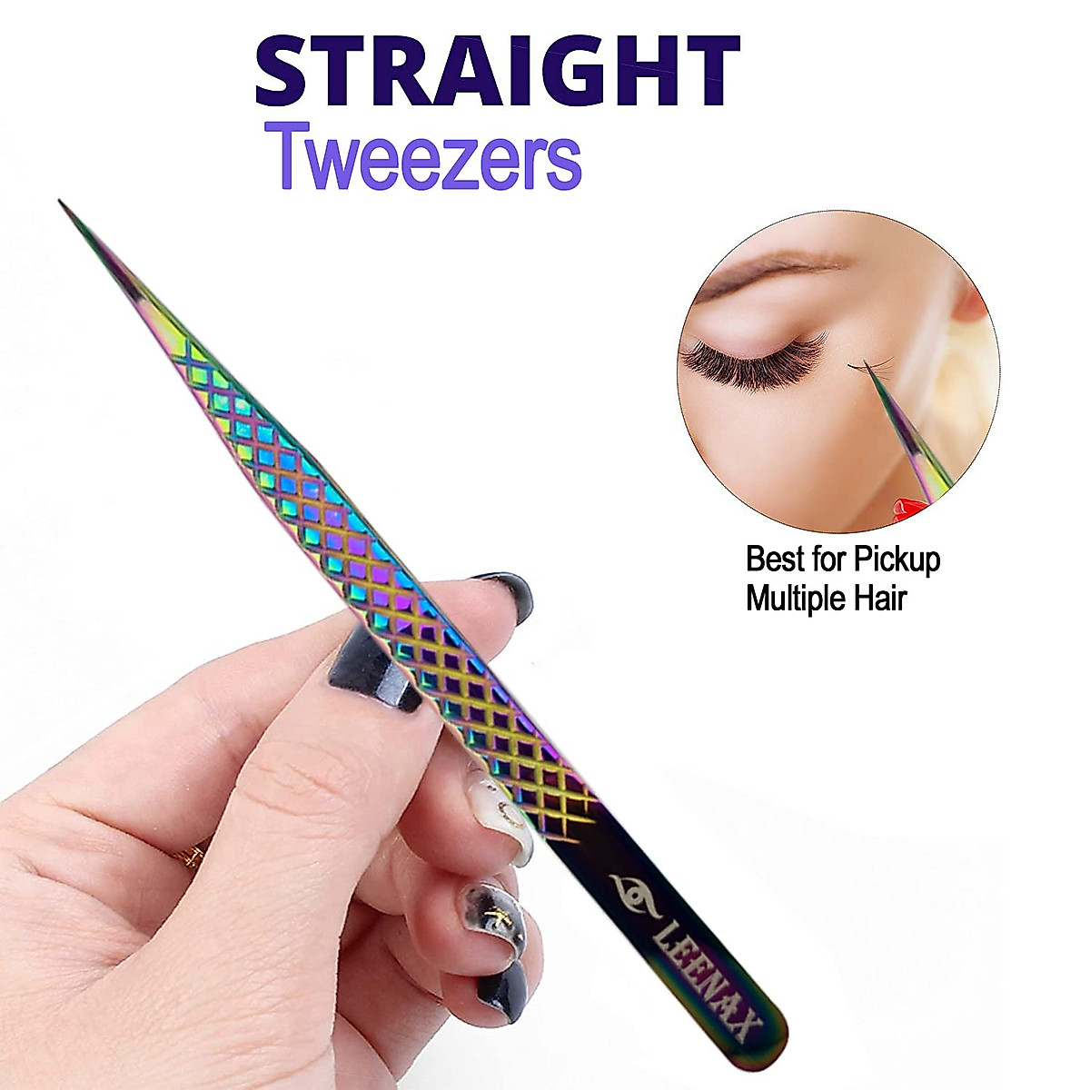 Eyelash Extension Tweezers Fiber Tip (Anti – Slip) Set of 2 pieces straight & curved with Diamond Grip, Rainbow Colour,14cm, volume Tweezers, Lash Extension Precision tweezers. (Multi)