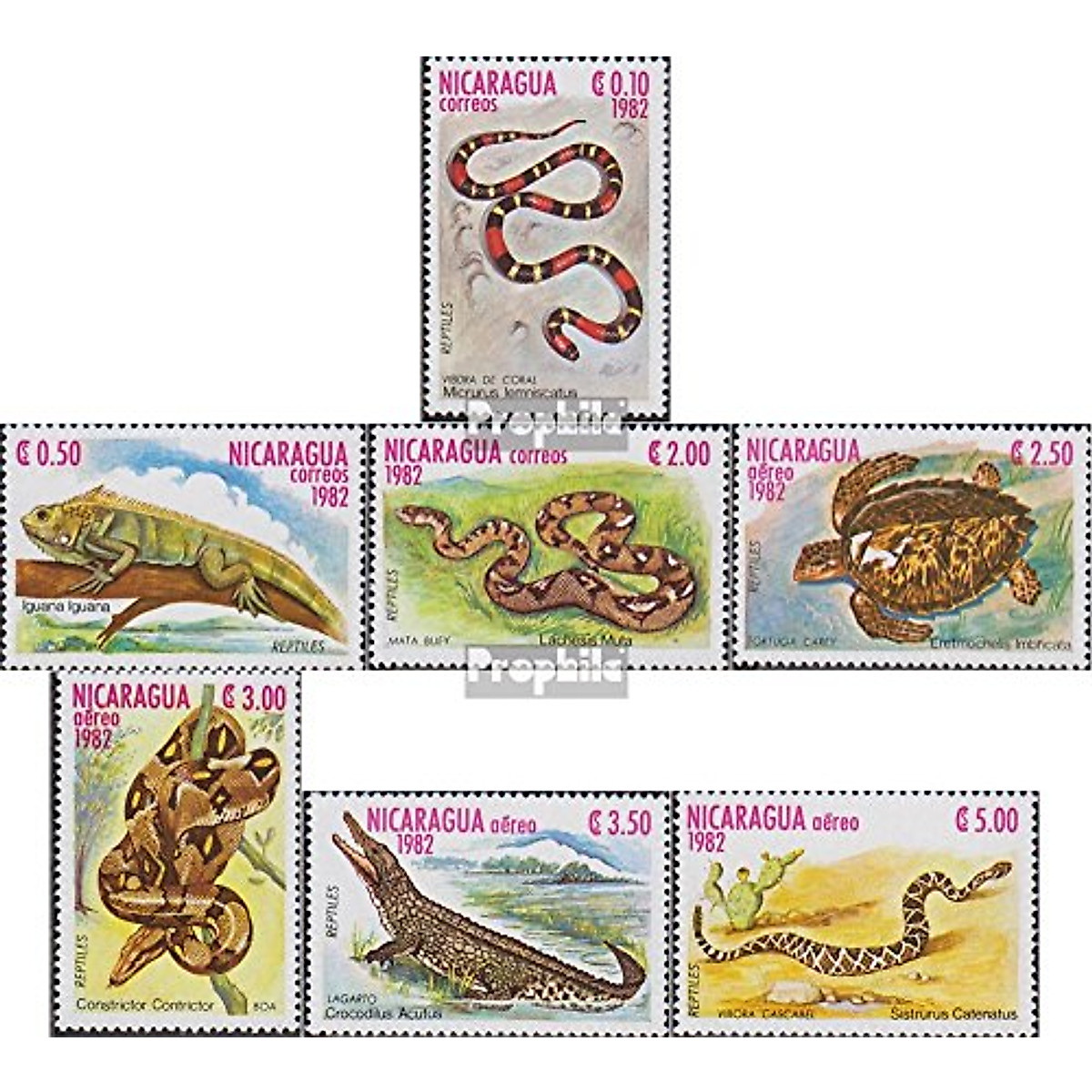 Nicaragua 2335-2341 (Complete.Issue.) 1982 Reptiles (Stamps for Collectors) Amphibians / Reptiles / Dinosaurs