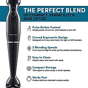 Elite Gourmet EHB1023 Immersion Hand Blender 300 Watts 2 Speed Mixing with Detachable Blades, Detachable Wand Stick Mixer, Smoothies, Baby Food, Soup, Black