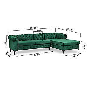 Christopher Knight Home Frieda Velvet 3 Seater Sectional Sofa with Chaise Lounge, Emerald, Black