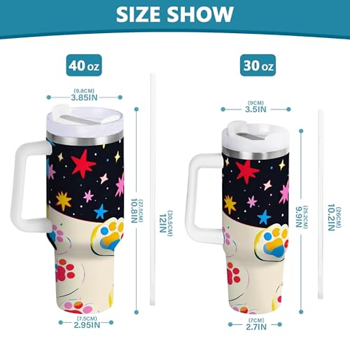 Nexawaveo Animal Paws Stars Stainless Steel Tumbler with Handle and Straw Fits in Standard Cup Holder Iced Coffee Cups for Smoothie Cocktail Beer Soda Fruit Juice