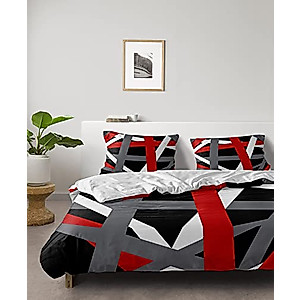 Duvet Bedding Cover Sets 4 Pieces Queen Geometric Red White Grey Stripe Bed Breathable Ultra Soft Luxury Set with Bed Sheet Bedspread Pillow Shams for Bedroom Decor Abstract Line Art on Black
