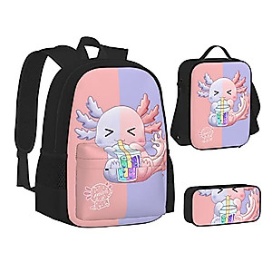ALOVEUZ Axolotl Backpacks For Teen Boys Girls Lightweight Bookbag Set Daypack With Lunch Bag And Pencil Case, Black 9, One Size