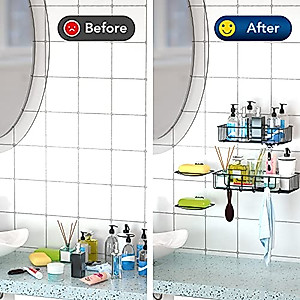 Shower Caddy Basket Shower Storage Organizer Shelves Stainless Steel, Bathroom Organizer Space Saver Wall Mounted, No Drilling No Marking Sticker Toilet Kitchen Multipurpose Storage Shelf with 5 Hooks