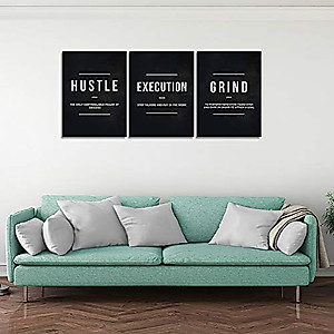 Motivational Posters Inspirational Wall Art Motivation Canvas Paintings Wooden Framed Hustle Wall Decor Black 3 Pieces Office Wall Art for Living Room Bedroom Home Decor Easy to Hang(36”Wx16”H)