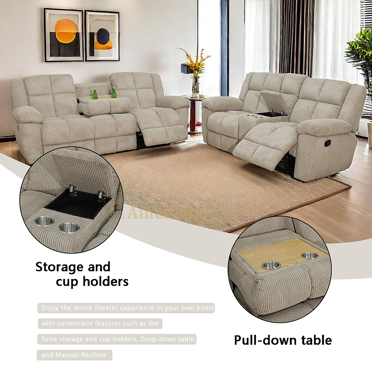 A Ainehome Manual Recliner Sofa Set, Corduroy Recliner Chair, Modern Loveseat Sofa, Modern Reclining Sofa Couch and Recliner Couches for Living Room/Office(Sofa+Loveseat, Beige)