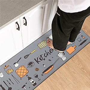 Carvapet 2 Pieces Non-Slip Kitchen Rug TPR Non-Skid Backing Mat for Doorway Bathroom Runner Rug Set, Grey Kitchen Design (17"x48"+17"x24")