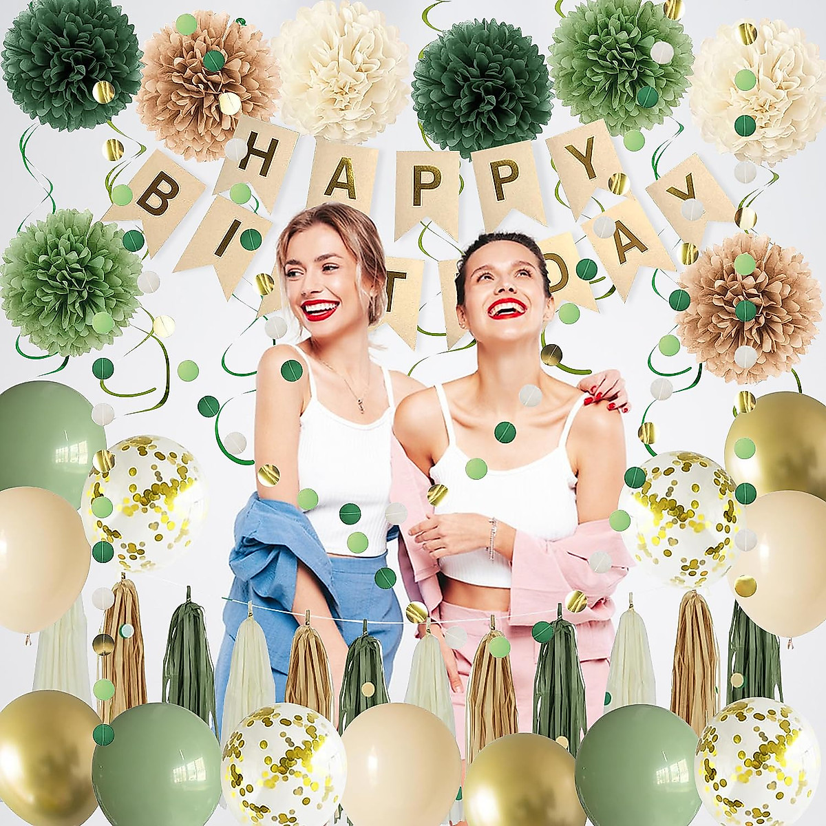 Green Birthday Party Decorations for Women Girls with Happy Birthday Banner,Tissue Paper Pompoms, Paper Tassel,Circle Garland,Hanging Swirl,Birthday Balloons for Party Decor (sage green)