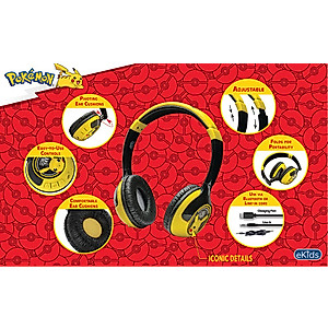 eKids Pokemon Pikachu Kids Bluetooth Headphones, Wireless Headphones with Microphone Includes Aux Cord, Volume Reduced Kids Foldable Headphones for School, Home, or Travel, Yellow