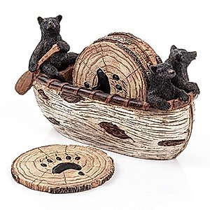 Bear Coasters Set – 6 Full Size Rustic Coasters in Handmade Canoe with Adorable Black Bear Figurines | Black Bear Decor, Log Cabin Decor, Cabin Decorations, Rustic Lodge Decor for The Home