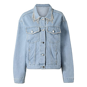Women's Jean Jacket Rhinestone Tassel Denim Jackets Fashion Diamond Crystal Fringe Button Cropped Trucker Jackets