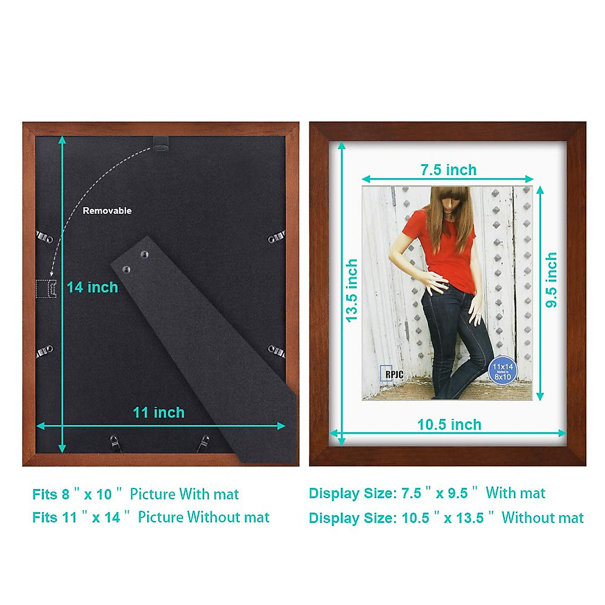RPJC 11x14 inch Picture Frame Made of Solid Wood and High Definition Glass Display Pictures 8x10 with Mat or 11x14 Without Mat for Table Top Display and Wall Mounting Photo Frame with Stand Brown