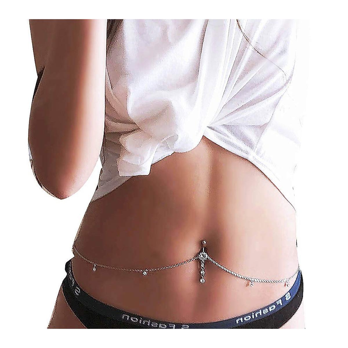 MayFee Women Sexy Rhinestone Dangle Belly Button Ring With Waist Chain Piercing Navel Ring Chain Drop Pendant Belly Piercing Belly Jewelry