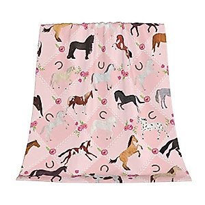 Horse Blanket for Girl Horse Gift for Girls Women Cute Horses Flowers Fleece Flannel Throw Blankets Soft Lightweight Plush Pink Blanket for Horse Lovers Decor Bed Sofa 50"x40"