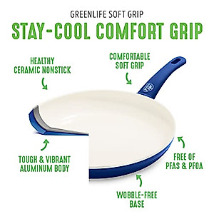 GreenLife Soft Grip Healthy Ceramic Nonstick, 8" 10" and 12" Frying Pan Skillet Set, PFAS-Free, Dishwasher Safe, Blue