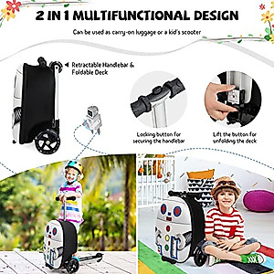 GLACER 19” Hardshell Ride-on Suitcase Scooter, Carry-on Luggage & Scooter w/LED Wheels, Anti-Slip Aluminum Deck, Foldable Kids Ride-on Suitcase for Travel & School, Cute & Lightweight (Robot)