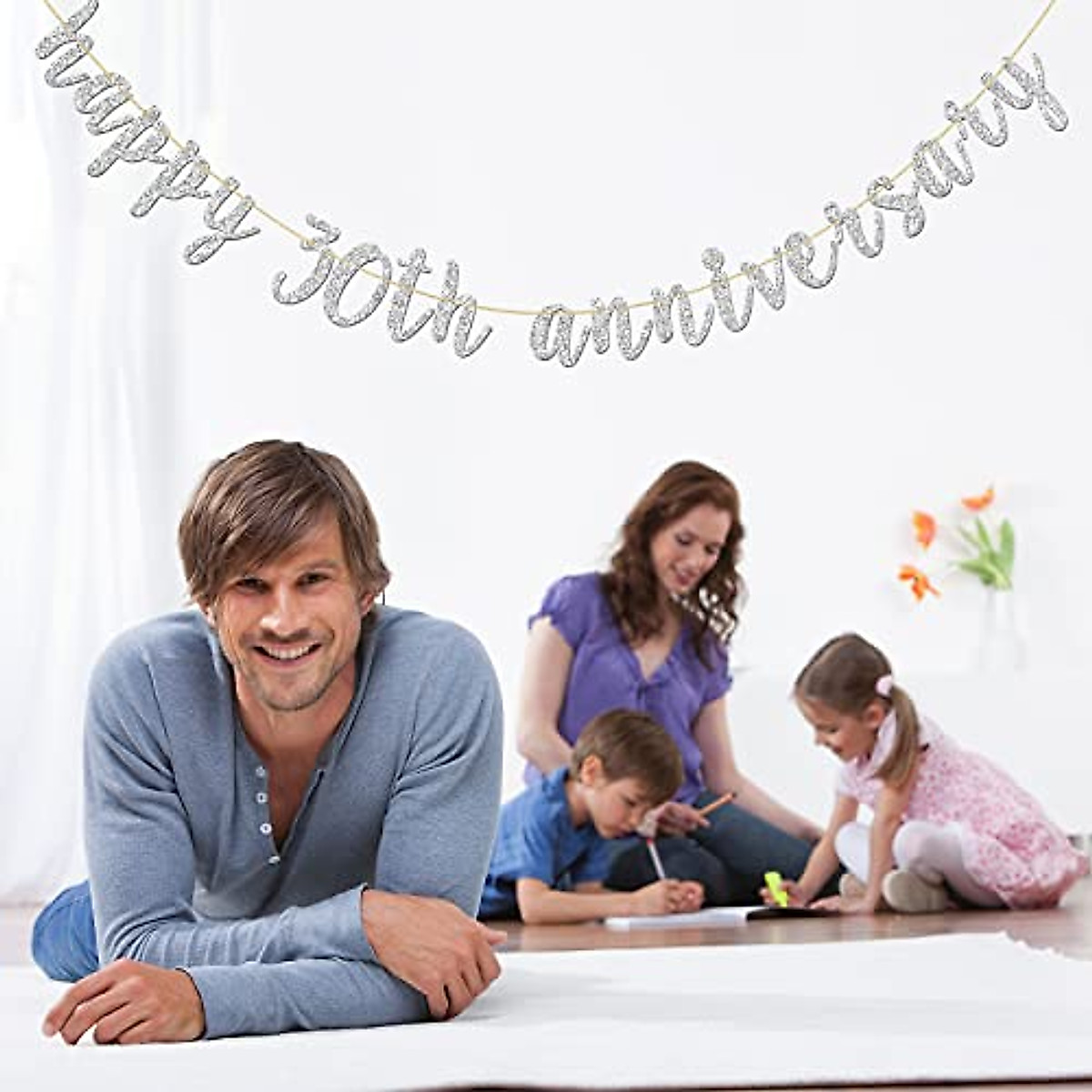 Glitter Silver Happy 30th Anniversary Banner - Thirty Theme Sign - 30th Birthday Banner - 30th Wedding Anniversary Party Bunting Decorations