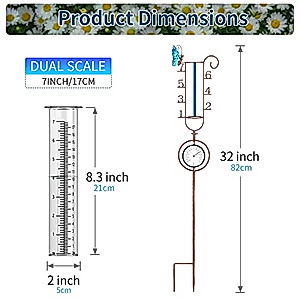 VANCORE 32 Inch Rain Gauge Outdoor with Waterproof Thermometer, 7 Inch Rain Guage Easy to Read, Detachable Rustproof Metal Frame with Replacement Glass Tube, Butterfly Decor for Yard & Garden