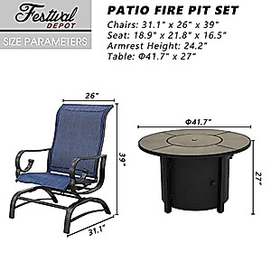 Festival Depot 5Pcs Patio Fire Pit Table Set, Outdoor Furniture Conversation Set, Propane Table and 4 Armchairs with High Textilene Back and Metal Frame for Backyard Porch Lawn Deck Garden (Blue)