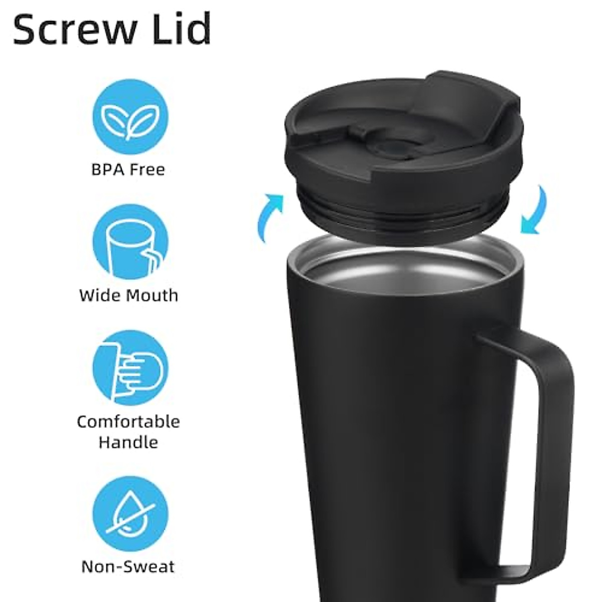 Insulated Tumbler with Handle and Straw, 18 OZ Travel Coffee Mug Stainless Steel Cup Metal Water Bottle,Black
